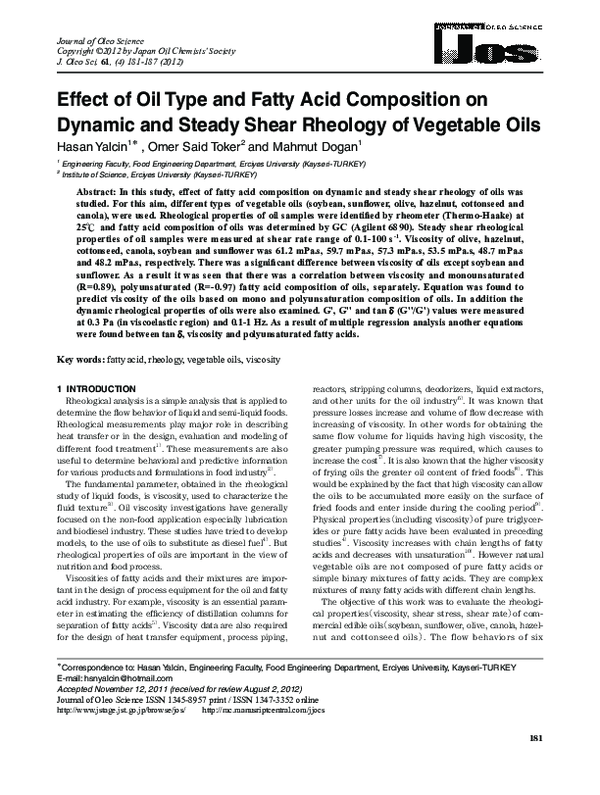 (PDF) Effect of Oil Type and Fatty Acid Composition on Dynamic and Steady Shear Rheology of ...