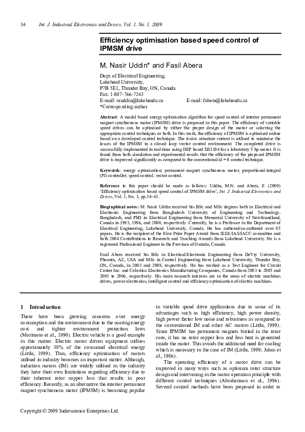 Pdf Efficiency Optimisation Based Speed Control Of Ipmsm Drive