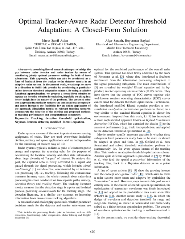 (PDF) Optimal tracker-aware radar detector threshold adaptation: A closed-form solution | Murat ...
