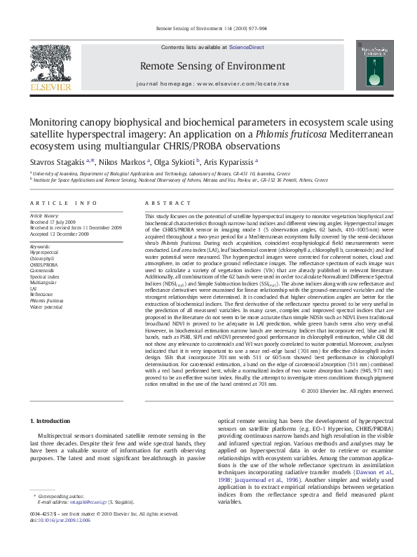 Pdf Monitoring Canopy Biophysical And Biochemical Parameters In Ecosystem Scale Using