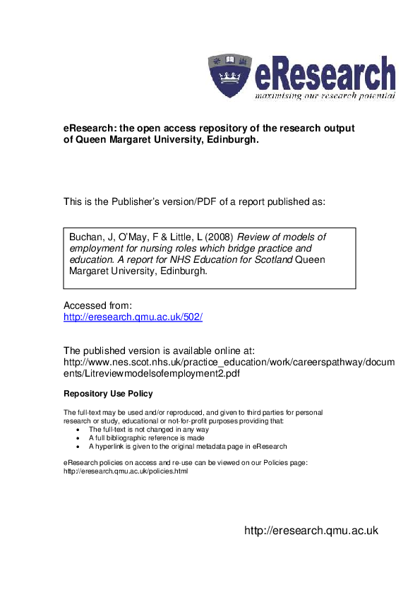 (PDF) Review of Models of Employment for Nursing Roles which Bridge ...