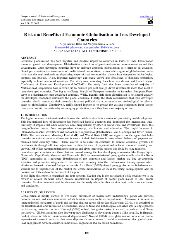 (PDF) Risk and Benefits of Economic Globalisation to Less Developed ...