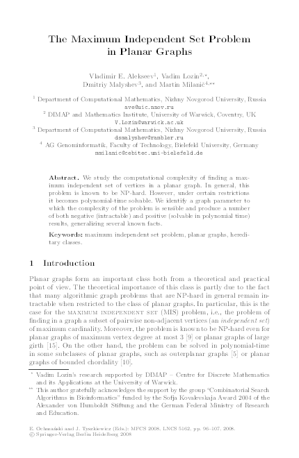 Pdf The Maximum Independent Set Problem In Planar Graphs