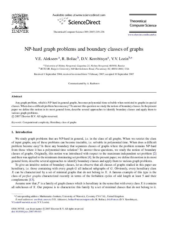 Pdf Np Hard Graph Problems And Boundary Classes Of Graphs