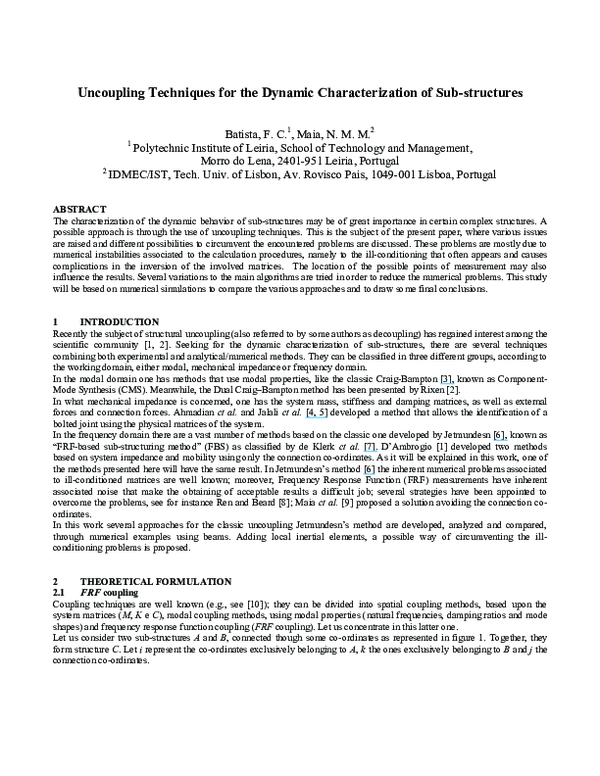 Pdf Uncoupling Techniques For The Dynamic Characterization Of Sub Structures