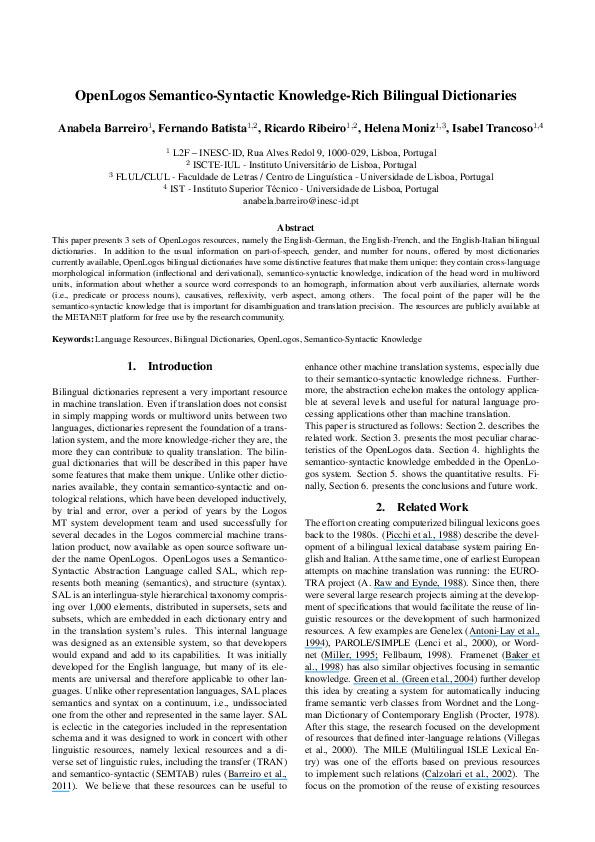 (PDF) OpenLogos Semantico-Syntactic Knowledge-Rich Bilingual Dictionaries | Fernando Batista ...