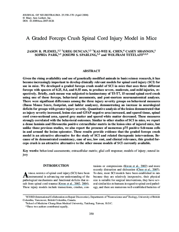 (PDF) A Graded Forceps Crush Spinal Cord Injury Model in Mice