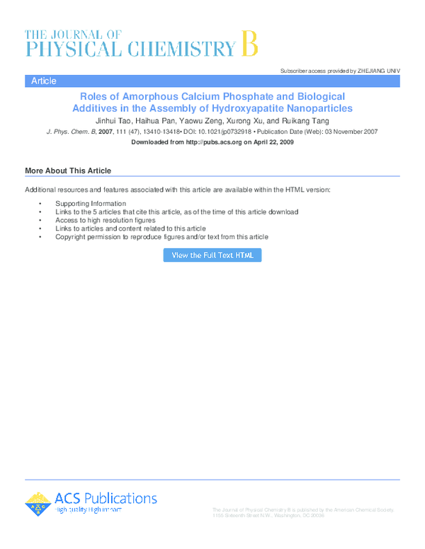 (PDF) Roles of Amorphous Calcium Phosphate and Biological Additives in the Assembly of ...