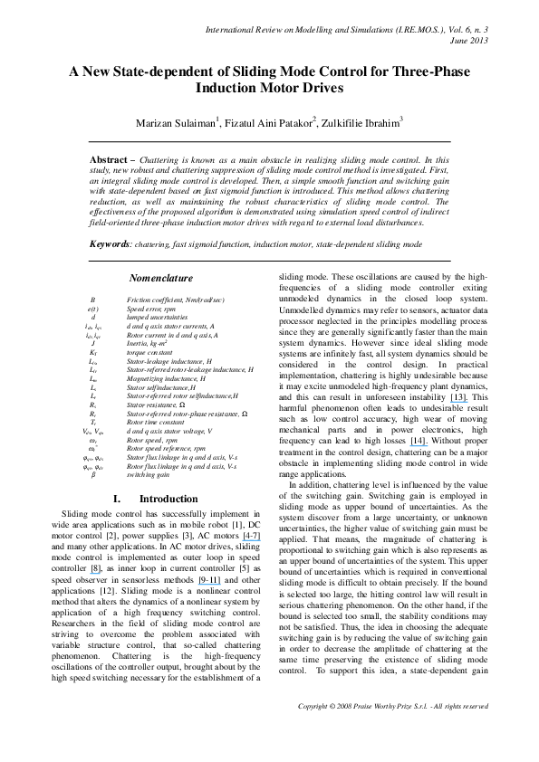 (PDF) Sliding mode speed control for induction motor drives with state-dependent gain method