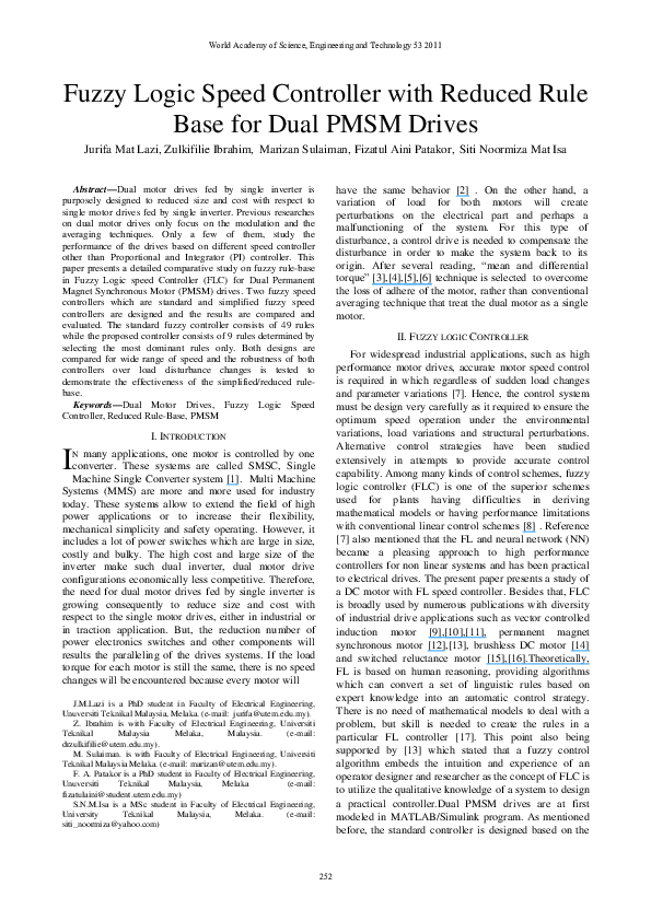 Pdf Fuzzy Logic Speed Controller With Reduced Rule Base For Dual Pmsm