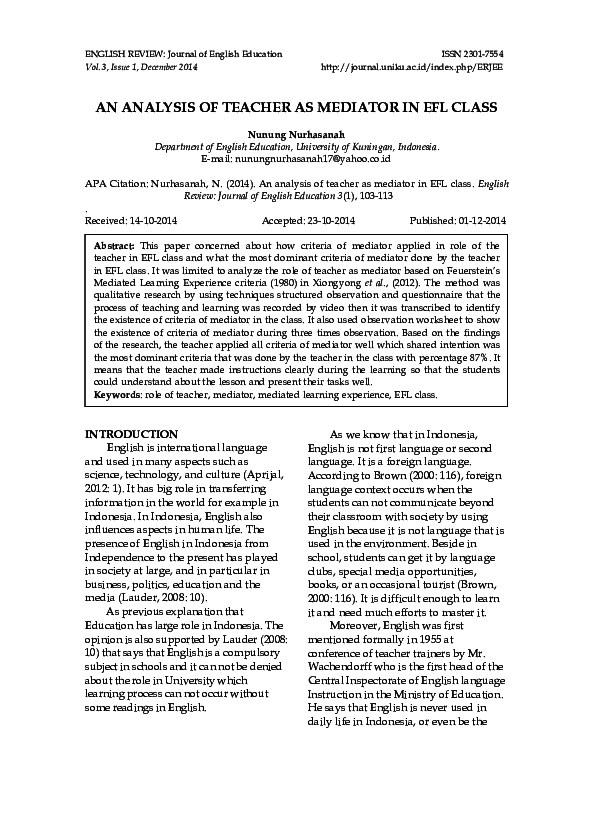 (PDF) AN ANALYSIS OF TEACHER AS MEDIATOR IN EFL CLASS