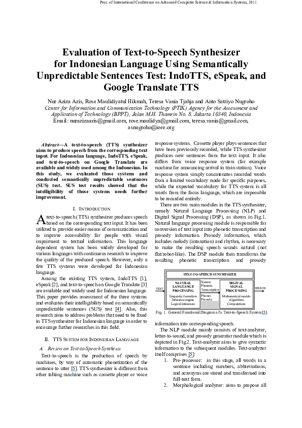(PDF) Evaluation of text-to-speech synthesizer for Indonesian language using semantically ...
