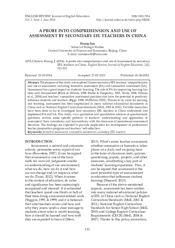(PDF) A PROBE INTO COMPREHENSION AND USE OF ASSESSMENT BY SECONDARY EFL ...