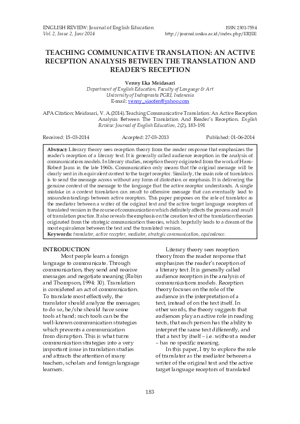 (PDF) TEACHING COMMUNICATIVE TRANSLATION: AN ACTIVE RECEPTION ANALYSIS ...