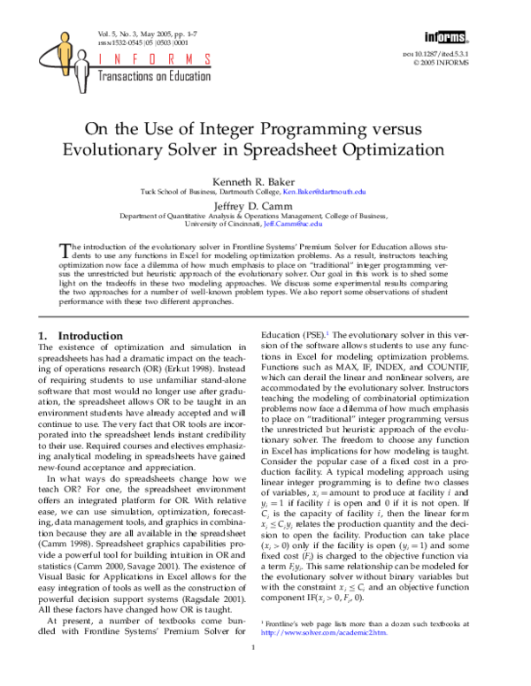 Pdf On The Use Of Integer Programming Versus Evolutionary Solver In