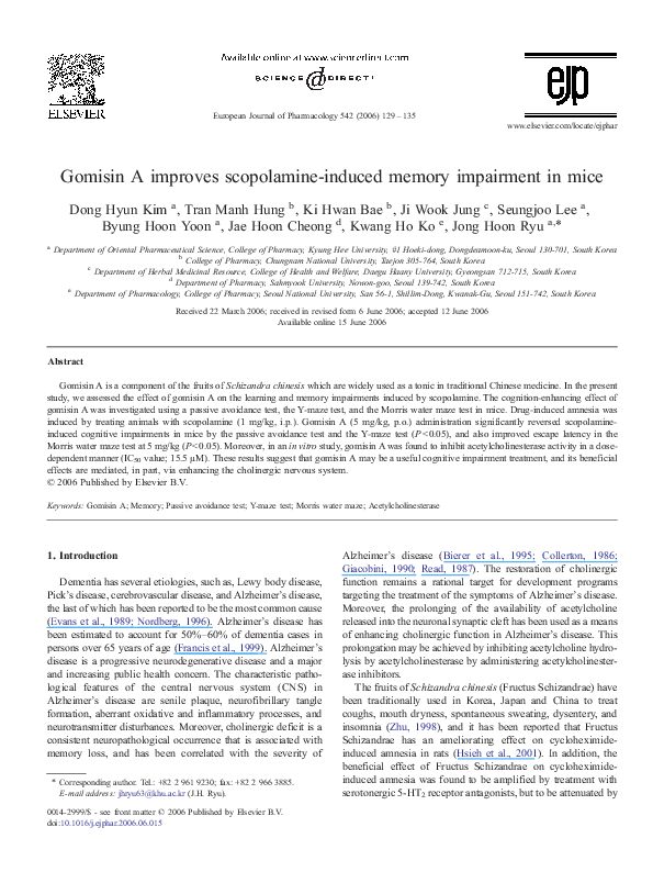 (PDF) Gomisin A improves scopolamine-induced memory impairment in mice