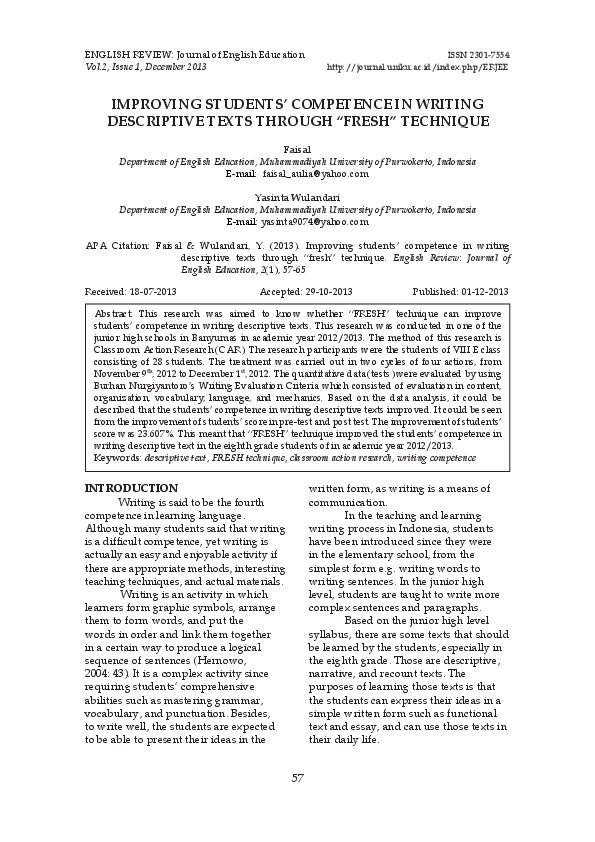 (PDF) IMPROVING STUDENTS' COMPETENCE IN WRITING DESCRIPTIVE TEXTS THROUGH " FRESH " TECHNIQUE
