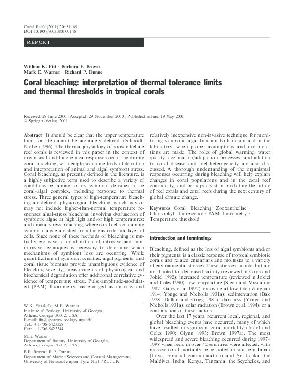 (PDF) Coral bleaching: interpretation of thermal tolerance limits and ...