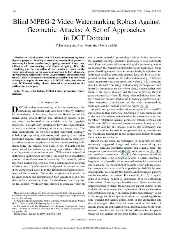 (PDF) Blind MPEG2 video watermarking robust against geometric attacks: a set of approaches in ...
