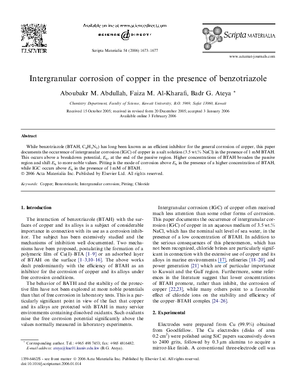 (PDF) Intergranular corrosion of copper in the presence of benzotriazole