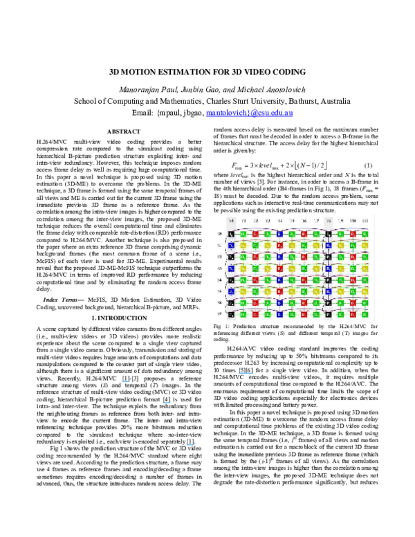 Pdf 3d Motion Estimation For 3d Video Coding