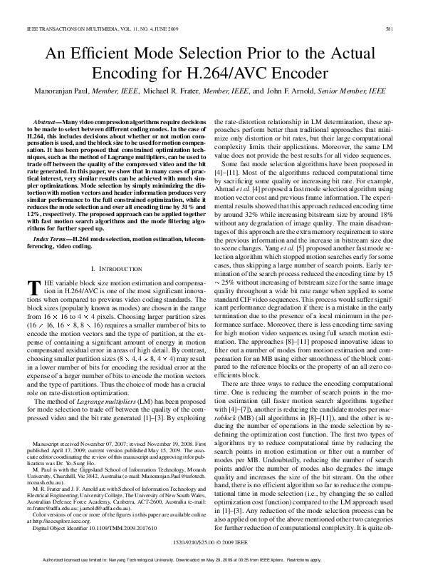 An Efficient Mode Selection Prior To The Actual Encoding For H 264 Avc Encoder
