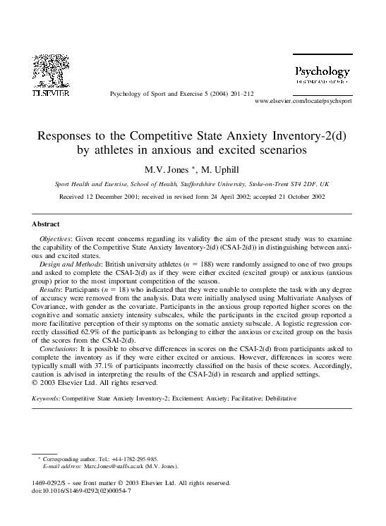(PDF) Responses to the Competitive State Anxiety Inventory2(d) by ...