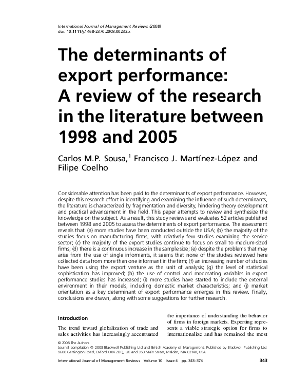 (PDF) The determinants of export performance: A review of the research ...