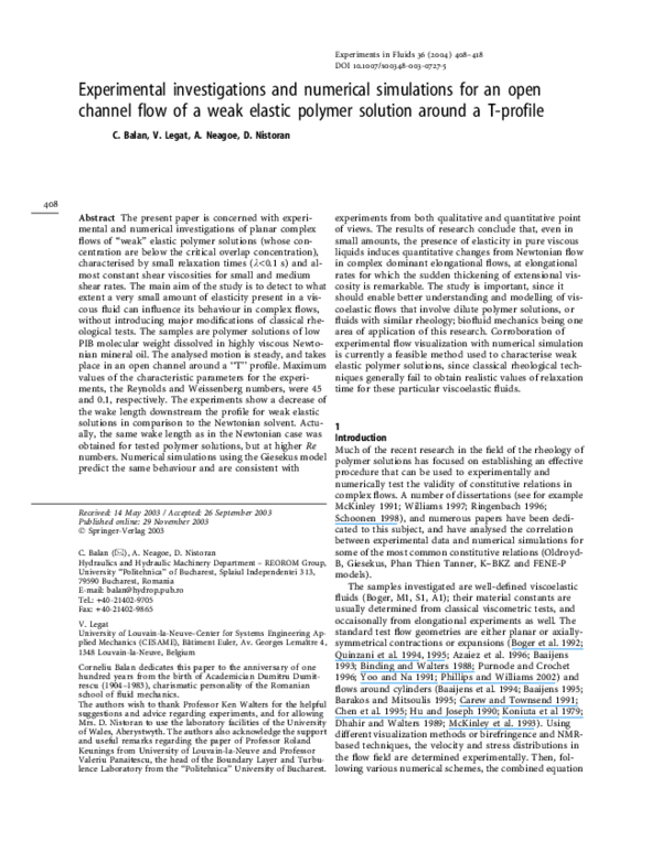 (PDF) Experimental investigations and numerical simulations for an open channel flow of a weak ...