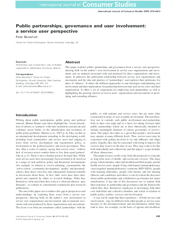(PDF) Public partnerships, governance and user involvement: a service ...