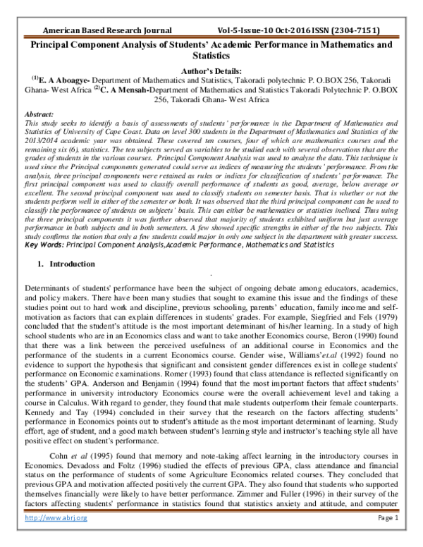 (PDF) Principal Component Analysis of Students' Academic Performance in Mathematics and Statistics