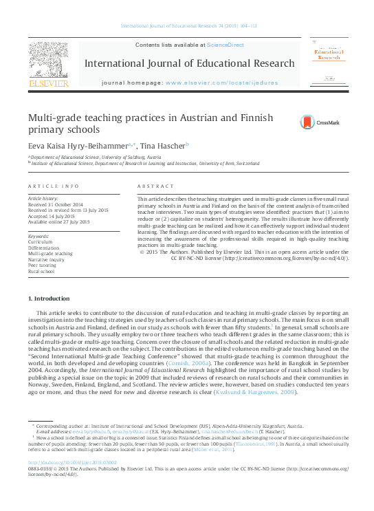 (PDF) Multi-grade teaching practices in Austrian and Finnish primary schools