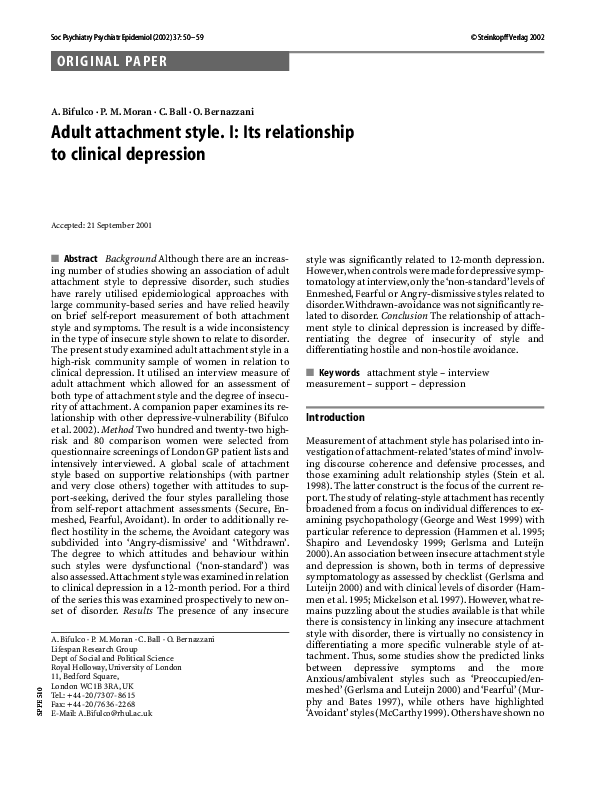 (PDF) Adult attachment style. I: Its relationship to clinical depression