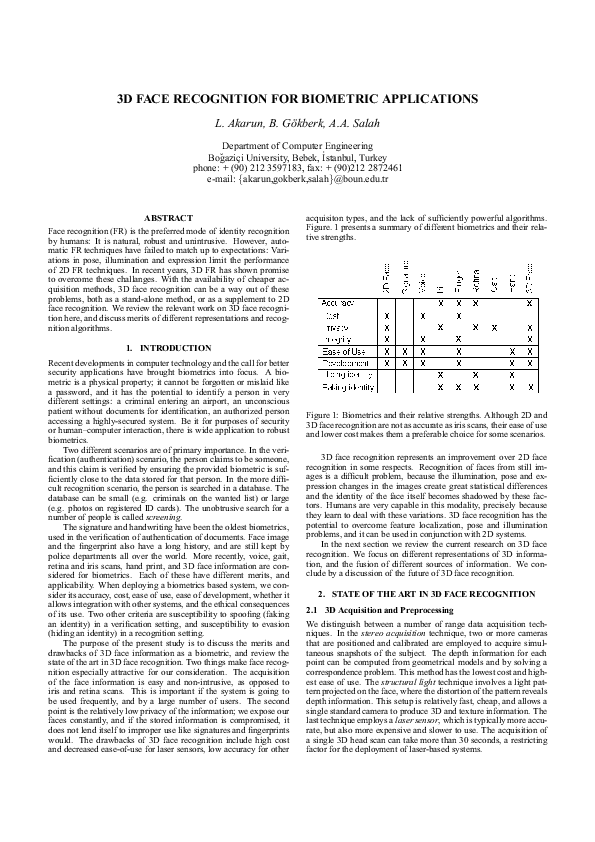 (PDF) 3D face recognition for biometric applications