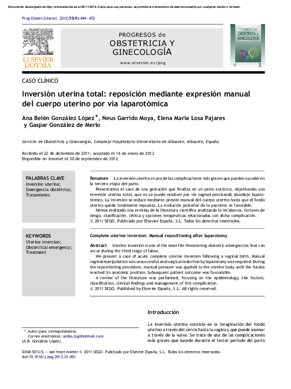 (PDF) Inversión uterina total: reposición mediante expresión manual del ...