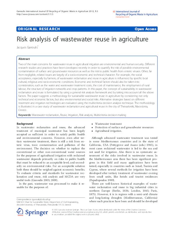 (PDF) Risk analysis of wastewater reuse in agriculture