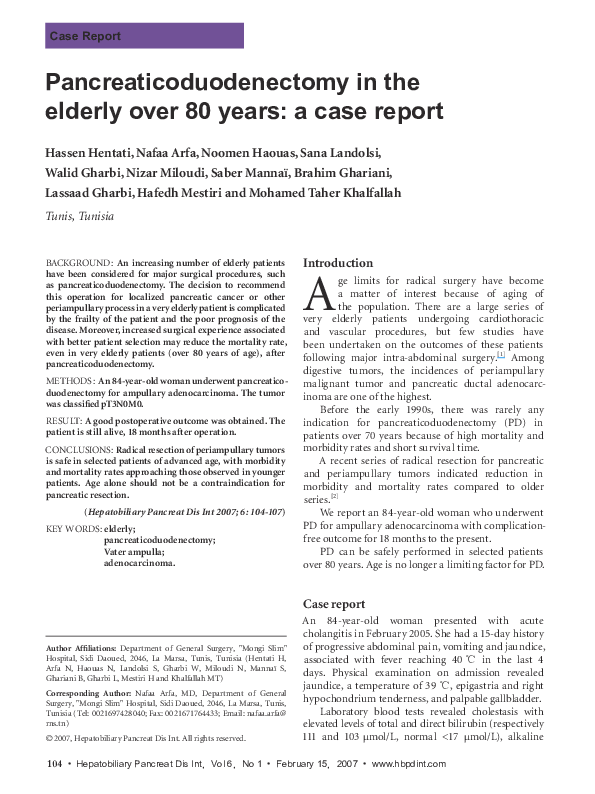 (PDF) Pancreaticoduodenectomy in the elderly over 80 years: a case report