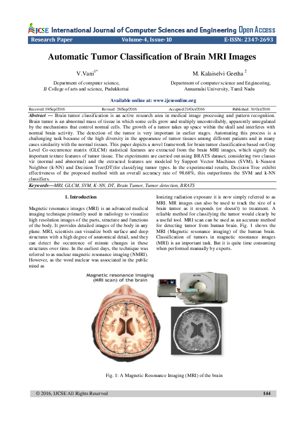 (PDF) Automatic Tumor Classification of Brain MRI Images
