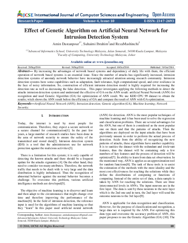 Pdf Effect Of Genetic Algorithm On Artificial Neural Network For Intrusion Detection System