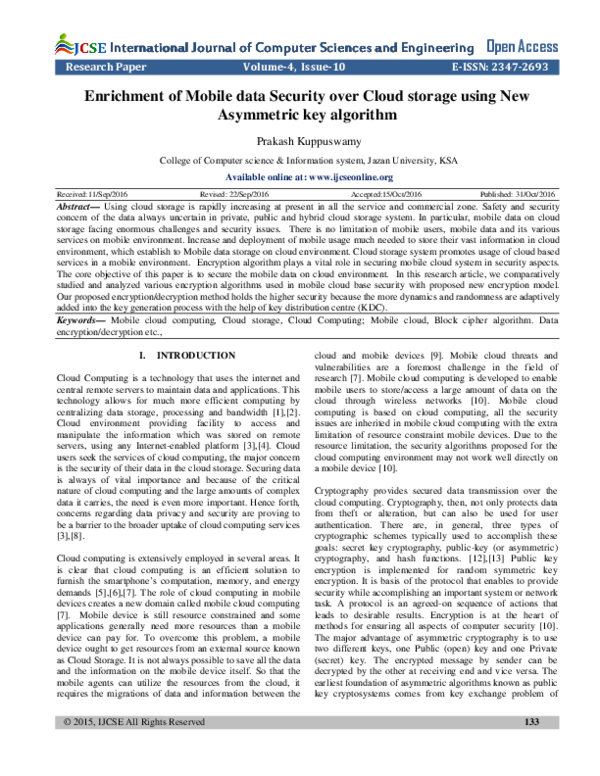 Pdf Enrichment Of Mobile Data Security Over Cloud Storage Using New Asymmetric Key Algorithm