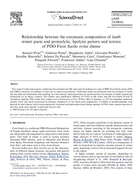 (PDF) Relationship between the enzymatic composition of lamb rennet ...