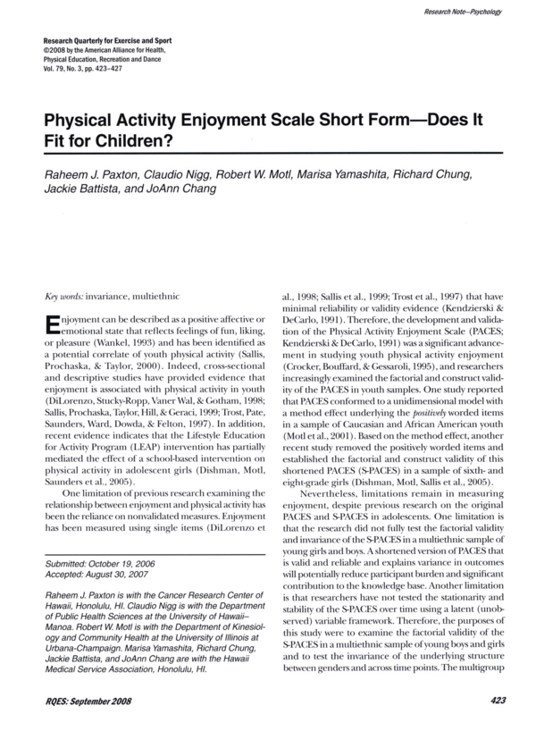(PDF) Physical Activity Enjoyment Scale Short Form—Does It Fit for Children