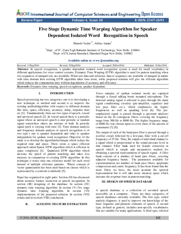 Pdf Five Stage Dynamic Time Warping Algorithm For Speaker Dependent Isolated Word Recognition