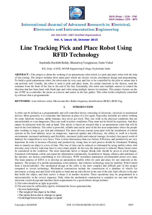 (PDF) Line Tracking Pick and Place Robot Using RFID Technology