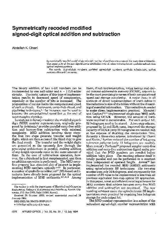 Pdf Symmetrically Recoded Modified Signed Digit Optical Addition And
