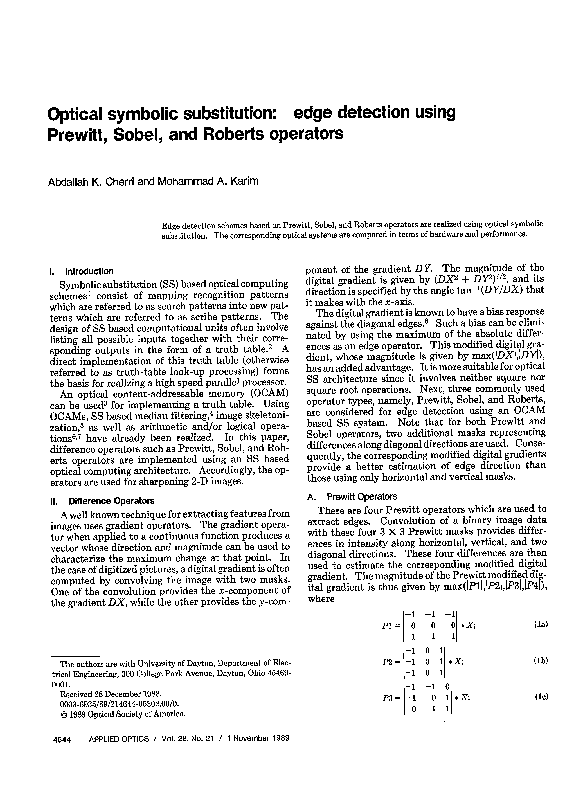 (PDF) Optical symbolic substitution: edge detection using Prewitt, Sobel, and Roberts operators