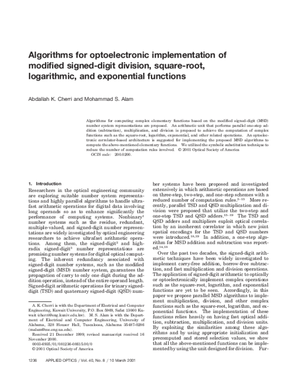 Pdf Algorithms For Optoelectronic Implementation Of Modified Signed Digit Division Square