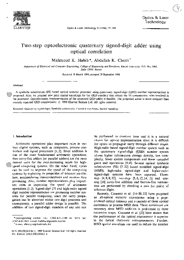 (PDF) Two-step optoelectronic quaternary signed-digit adder using optical correlation