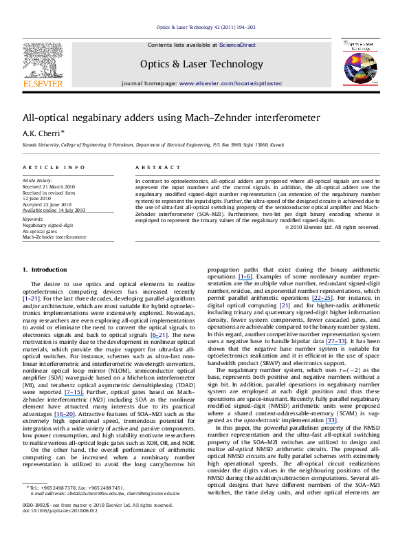 (PDF) All-optical negabinary adders using Mach–Zehnder interferometer