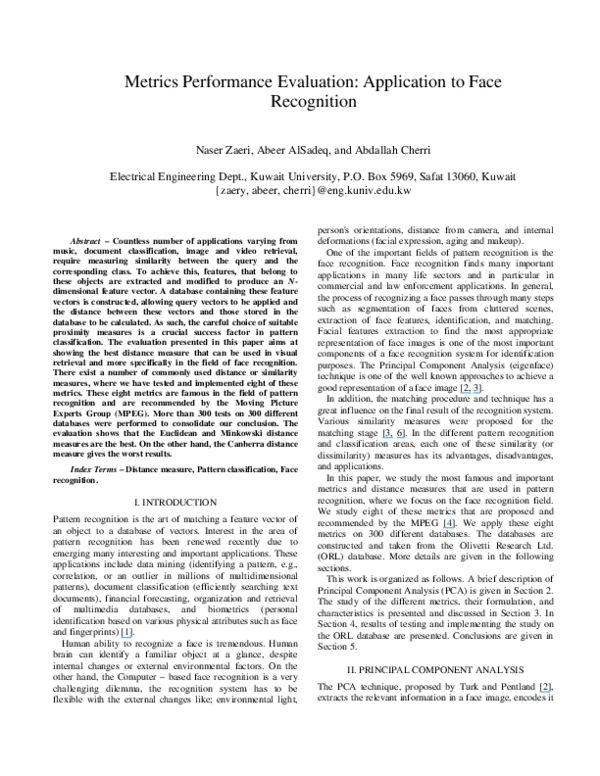 (PDF) Metrics Performance Evaluation: Application to Face Recognition
